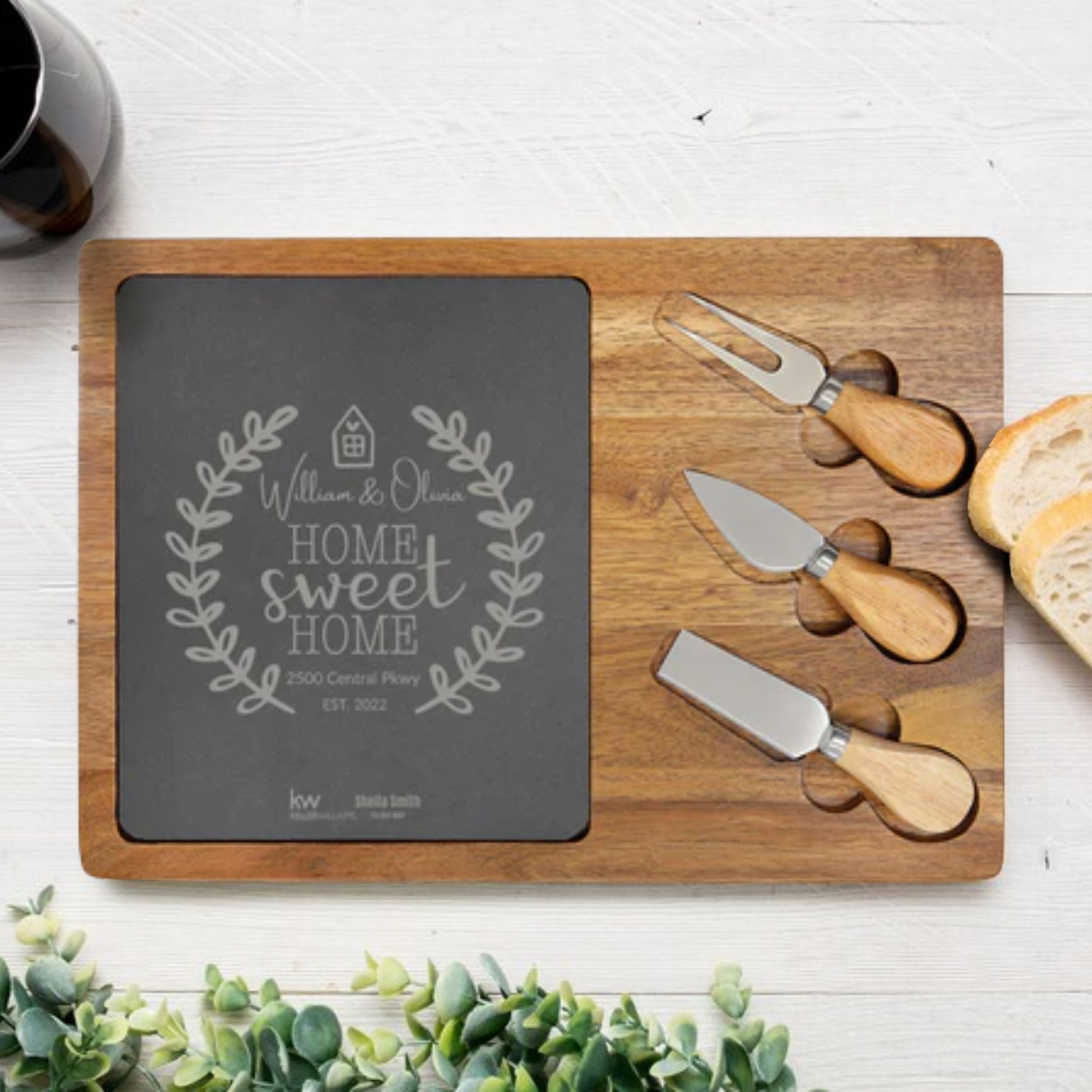 Custom Engraved Acacia Wood/Slate Serving Board with Three Tools