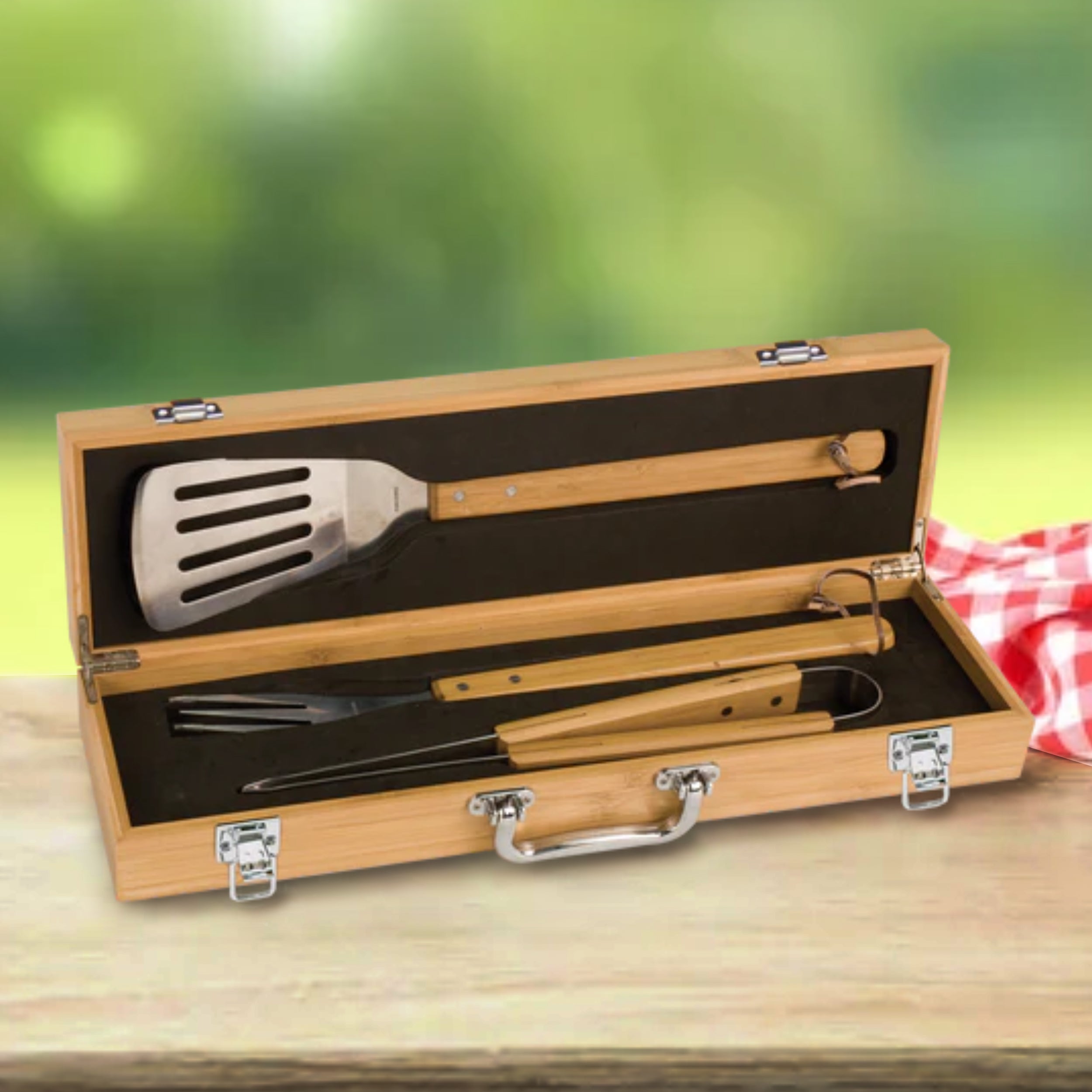 3-Piece Bamboo BBQ Set in Bamboo Case